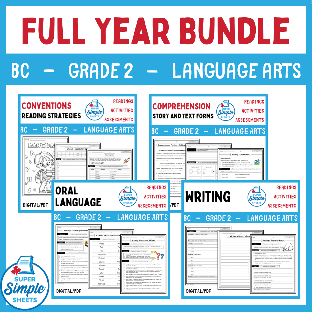 BC Grade 2 Language Arts ELA - FULL YEAR BUNDLE – Super Simple Sheets