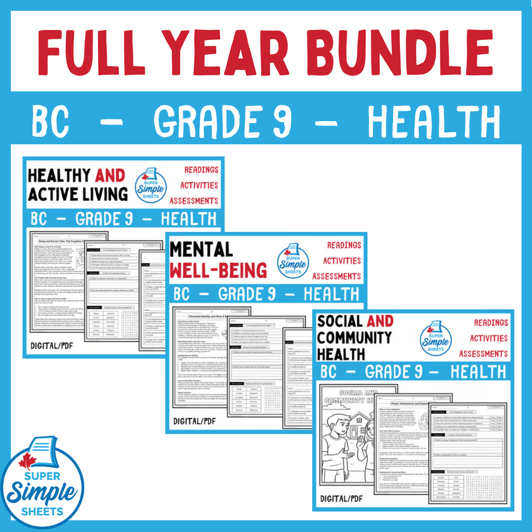 Grade 9 - BC Health Curriculum - FULL YEAR BUNDLE – Super Simple Sheets
