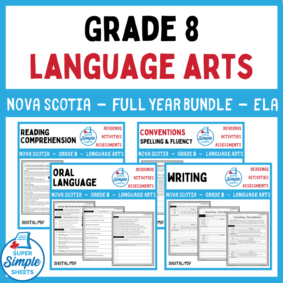 Nova Scotia Grade 8 Language Arts ELA - FULL YEAR BUNDLE – Super Simple ...