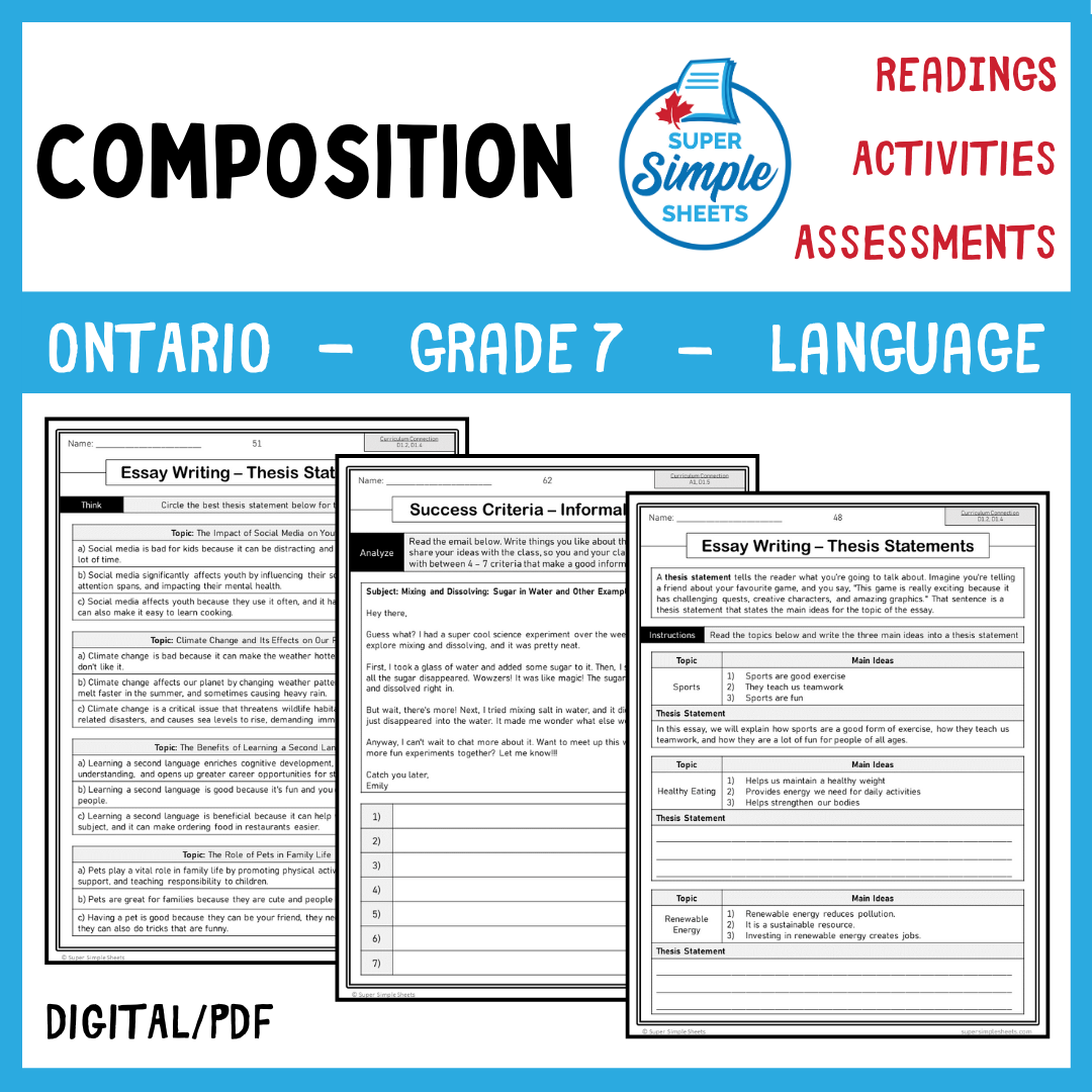 NEW 2023 Ontario Language - Grade 7 - Composition – Super Simple Sheets