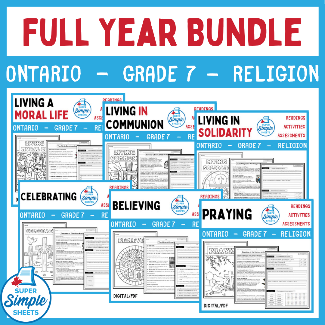 Ontario Catholic Religion - Grade 7 Full Year Bundle – Super Simple Sheets