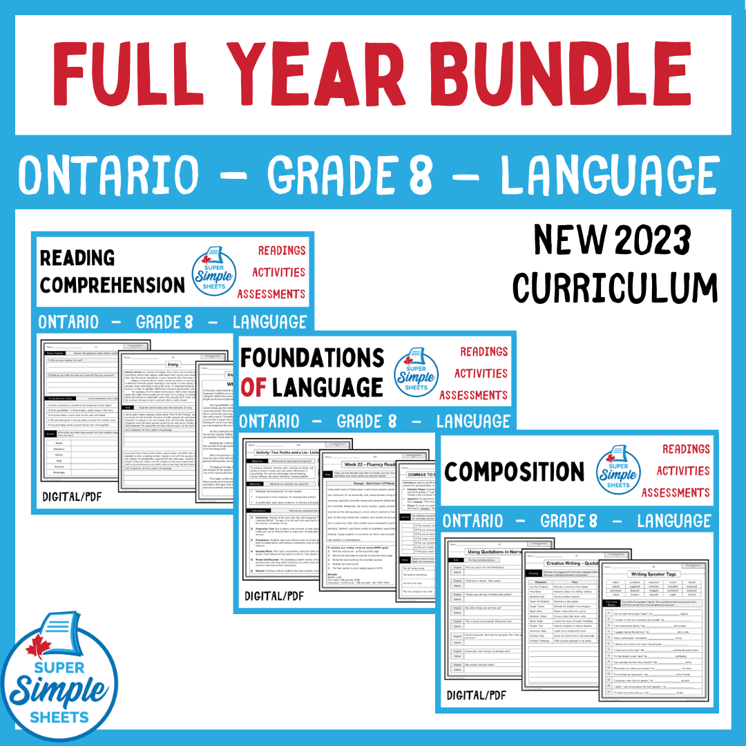 Ontario Grade 8 Language - FULL YEAR BUNDLE - NEW 2023 Curriculum ...