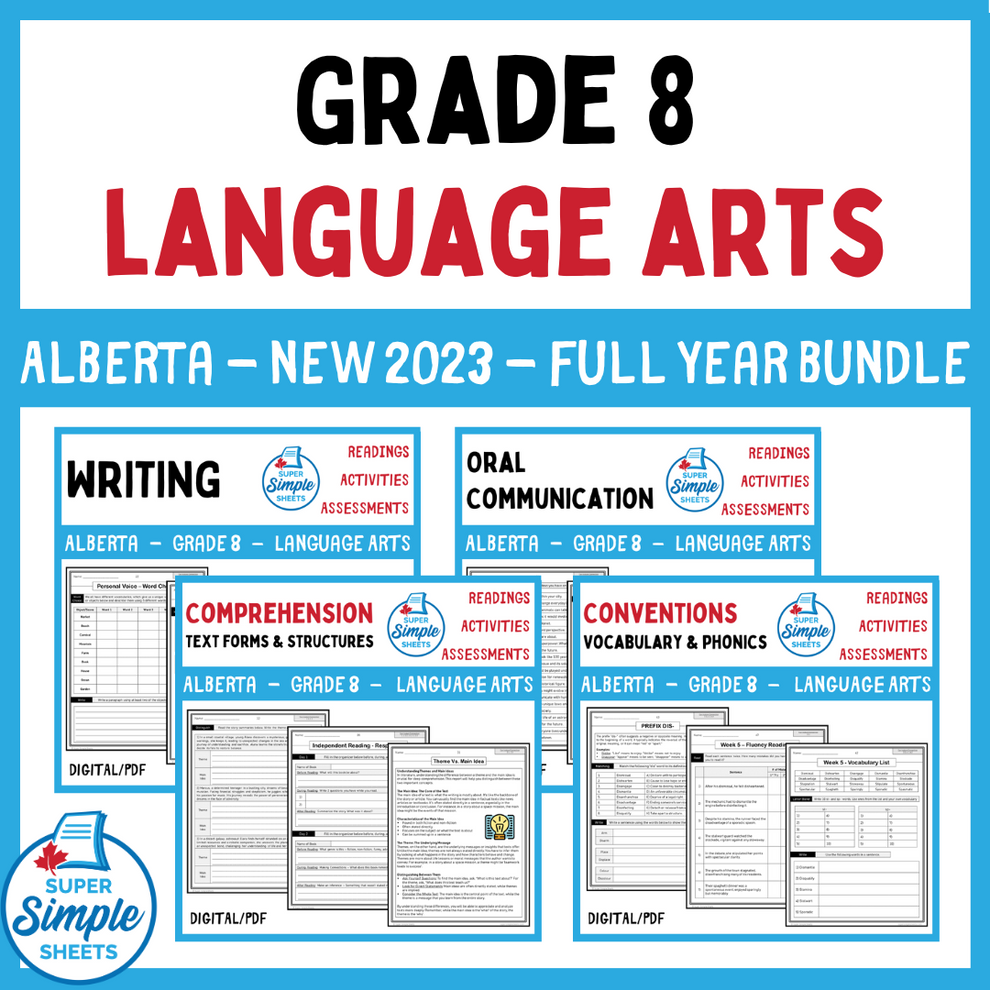Alberta Grade 8 Language Arts ELA - FULL YEAR BUNDLE – Super Simple Sheets