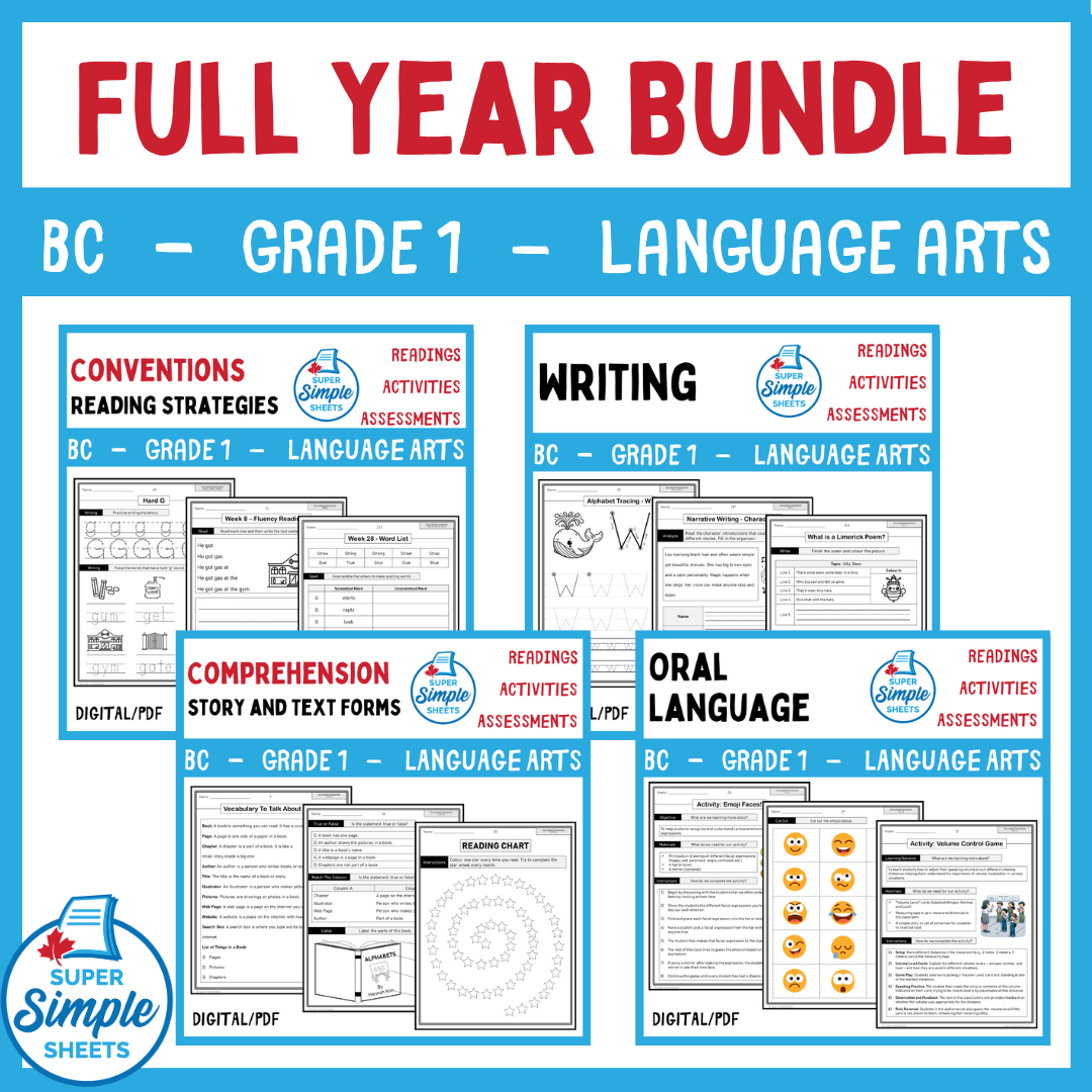BC Grade 1 Language Arts ELA - FULL YEAR BUNDLE – Super Simple Sheets