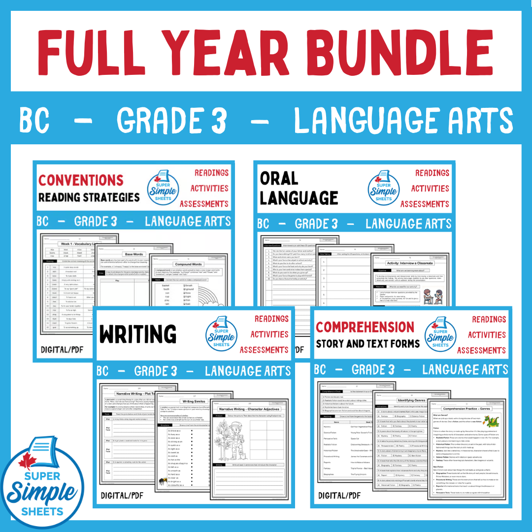 BC Grade 3 Language Arts ELA - FULL YEAR BUNDLE – Super Simple Sheets