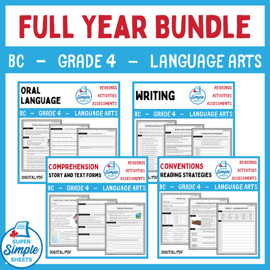 BC Grade 4 Language Arts ELA - FULL YEAR BUNDLE – Super Simple Sheets
