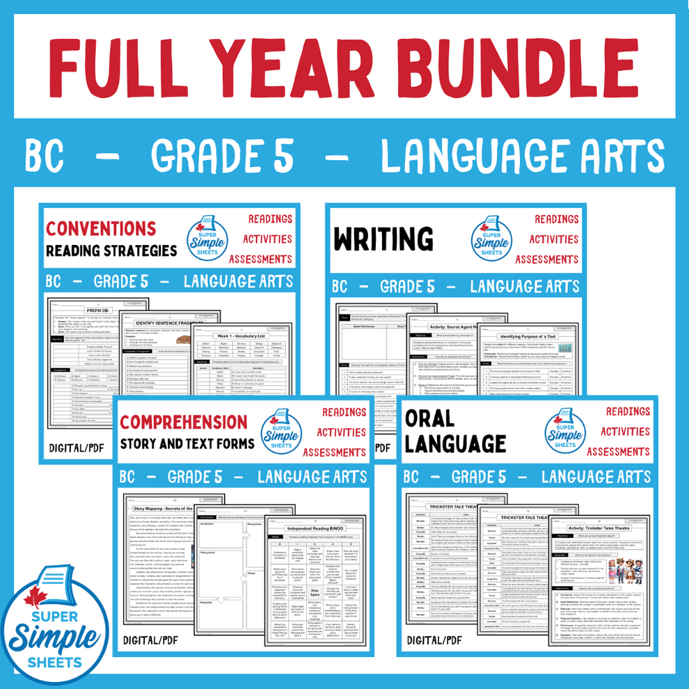 BC Grade 5 Language Arts ELA - FULL YEAR BUNDLE – Super Simple Sheets