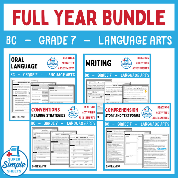 BC Grade 7 Language Arts ELA - FULL YEAR BUNDLE – Super Simple Sheets