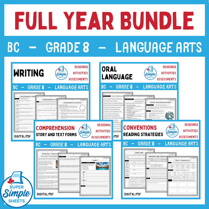 BC Grade 8 Language Arts ELA - FULL YEAR BUNDLE – Super Simple Sheets