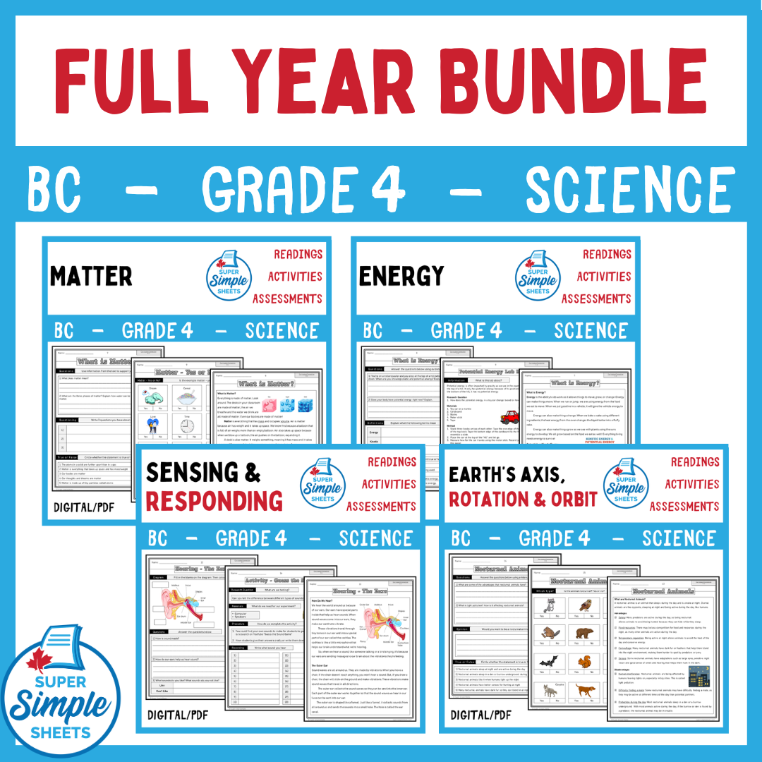 BC Grade 4 Science Full Year Bundle – Super Simple Sheets