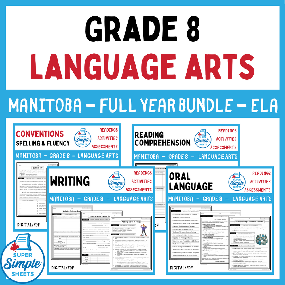 Manitoba Grade 8 Language Arts ELA - FULL YEAR BUNDLE – Super Simple Sheets