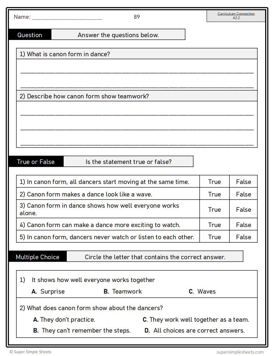 Ontario Arts Curriculum Grade 3 - Dance – Super Simple Sheets